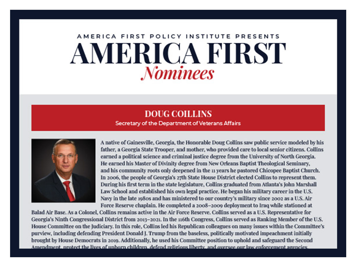 America First Nomination: Doug Collins | Nomination Bio | Healthcare,Homeland Security