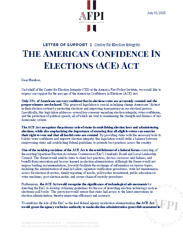 LETTER OF SUPPORT: The American Confidence In Elections (ACE) Act ...